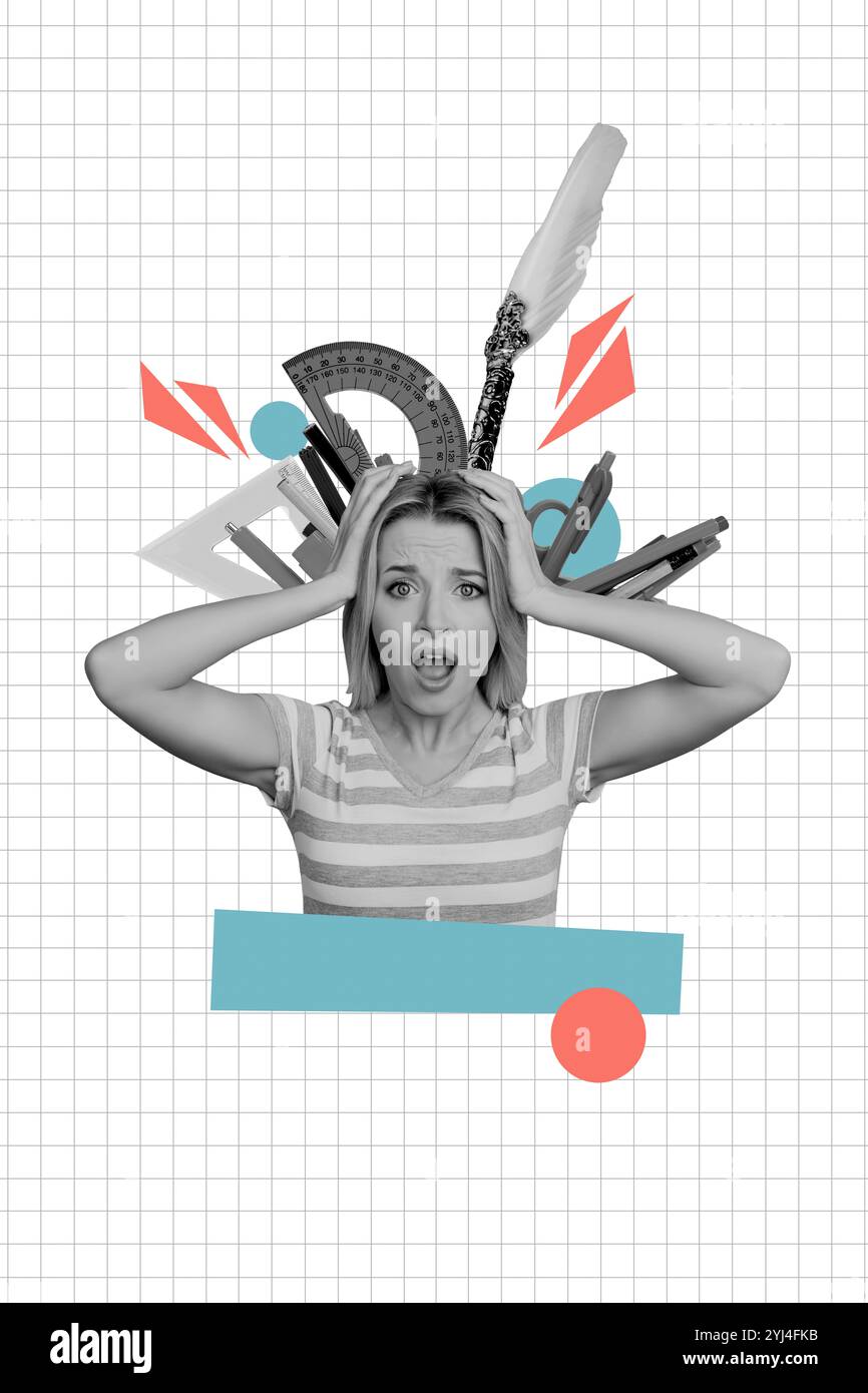 Vertical photo collage of shocked girl hold head school supplies pencil ...
