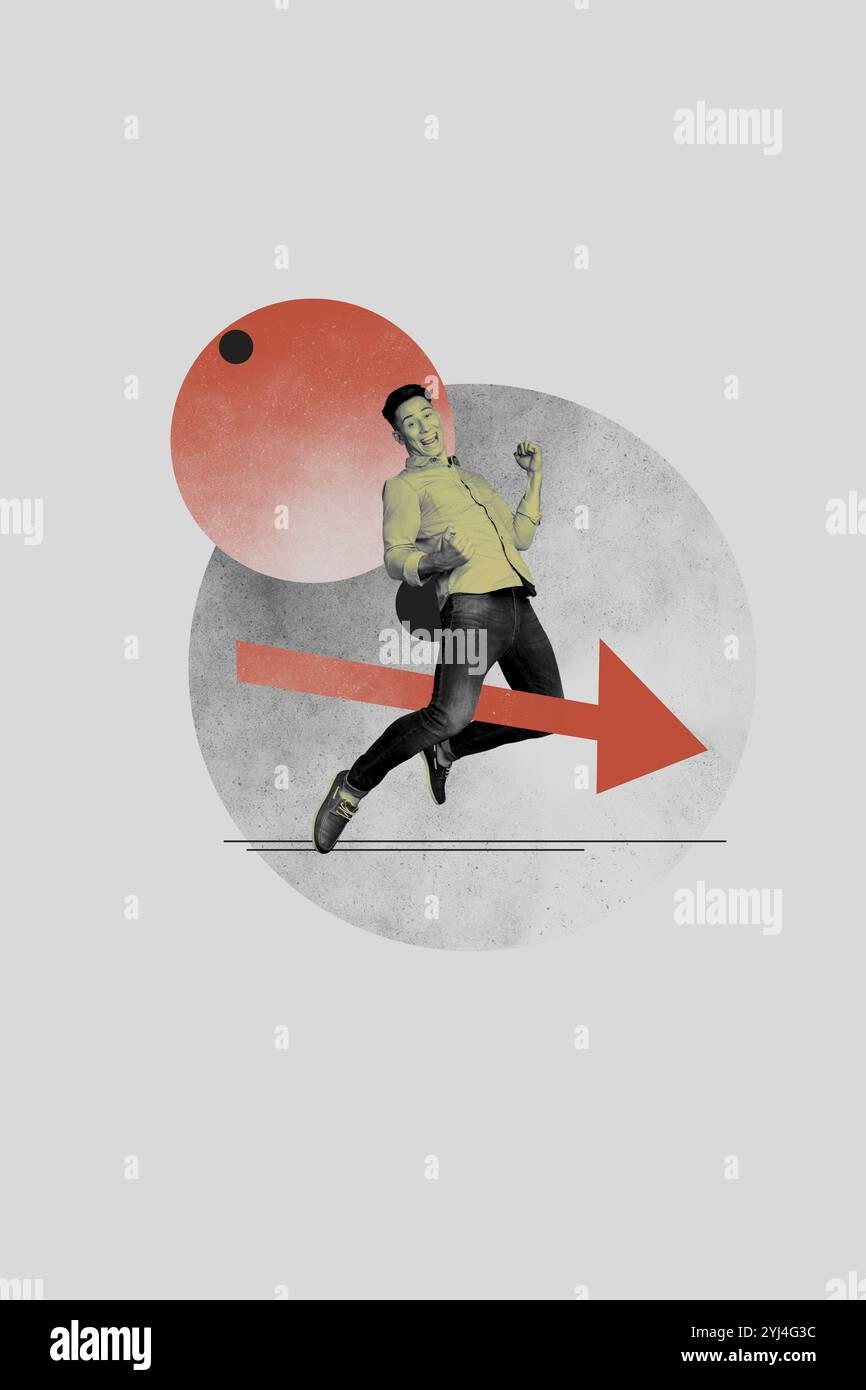 Vertical photo collage of silly businessman jump arrow pointer ...