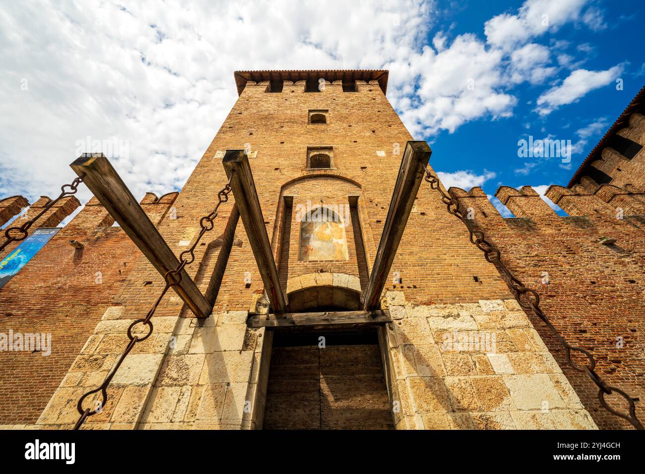 Verona Castelvecchio (Old Castle) imposing fortress tower. The medieval castle in Verona, Italy ...
