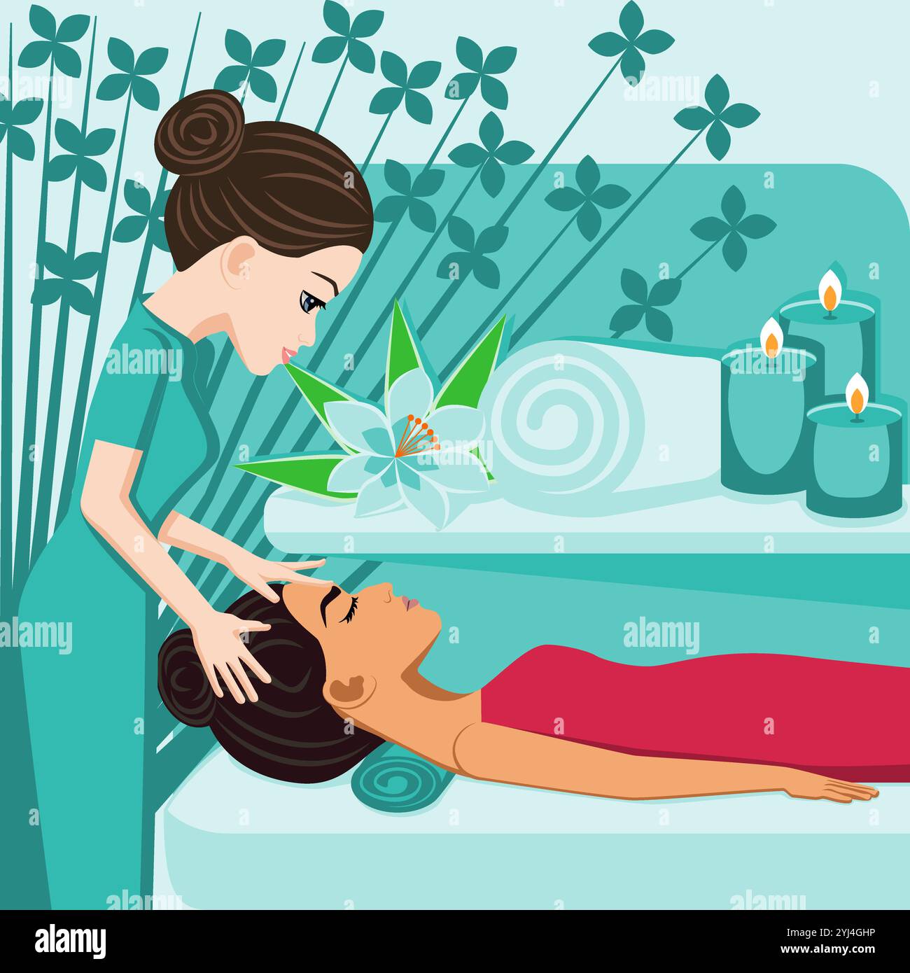 Relaxation massage. Therapy and treatment by professional therapist in SPA. Isolated flat vector ...