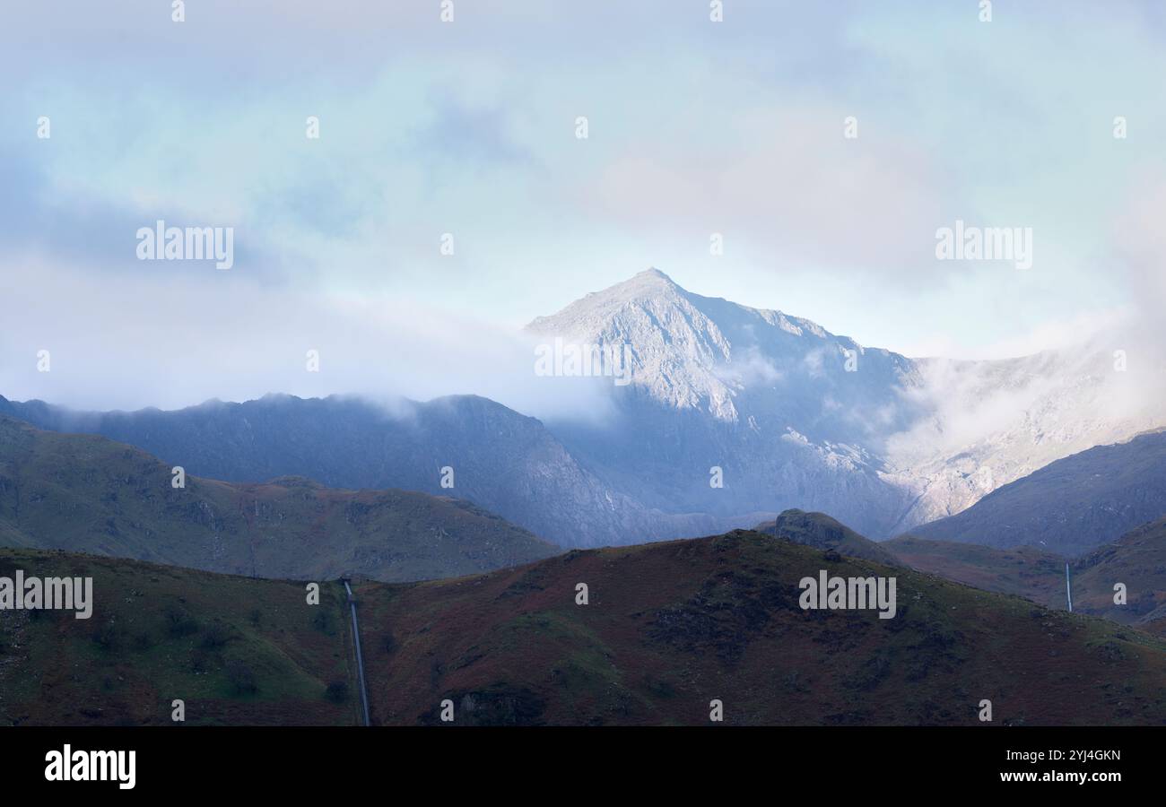Summit of Yr Wyddfa (Mount Snowdon) surrounded in cloud, Snowdonia ...
