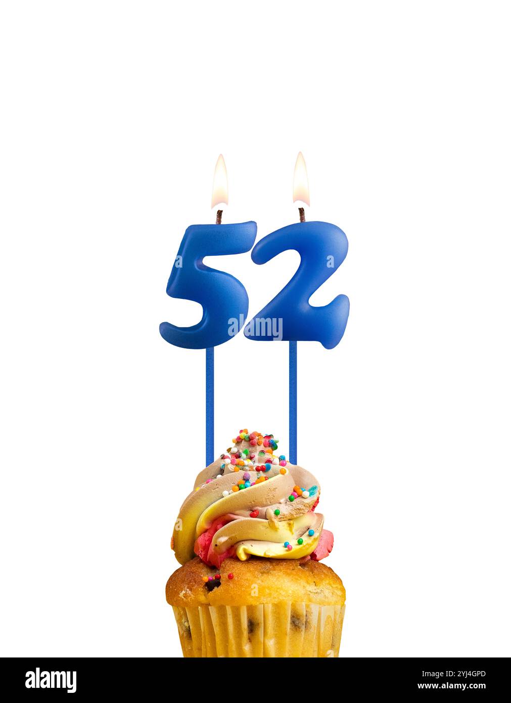 Candle in shape of the number 52 - Blue birthday on a white background ...