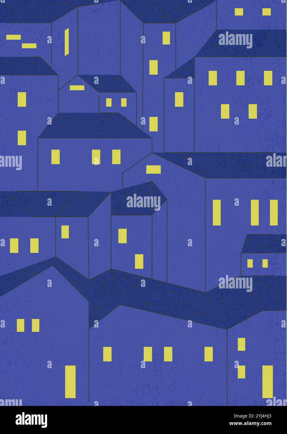 Simple city by night illustration. Line style night townscape art ...