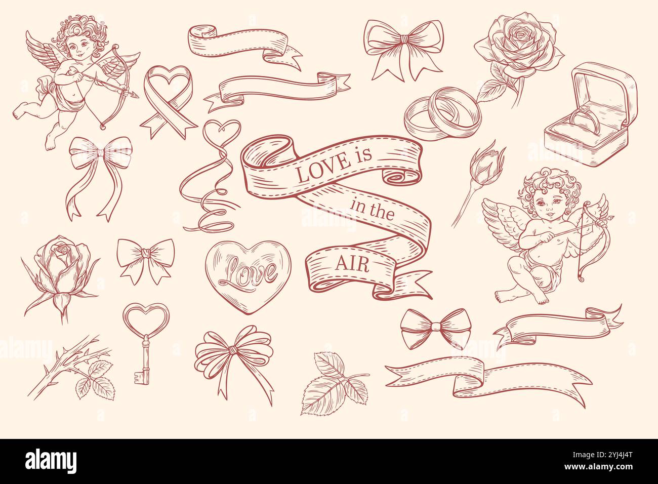 Set of sketches, engravings for Valentine's Day. Heart, cupid, roses ...