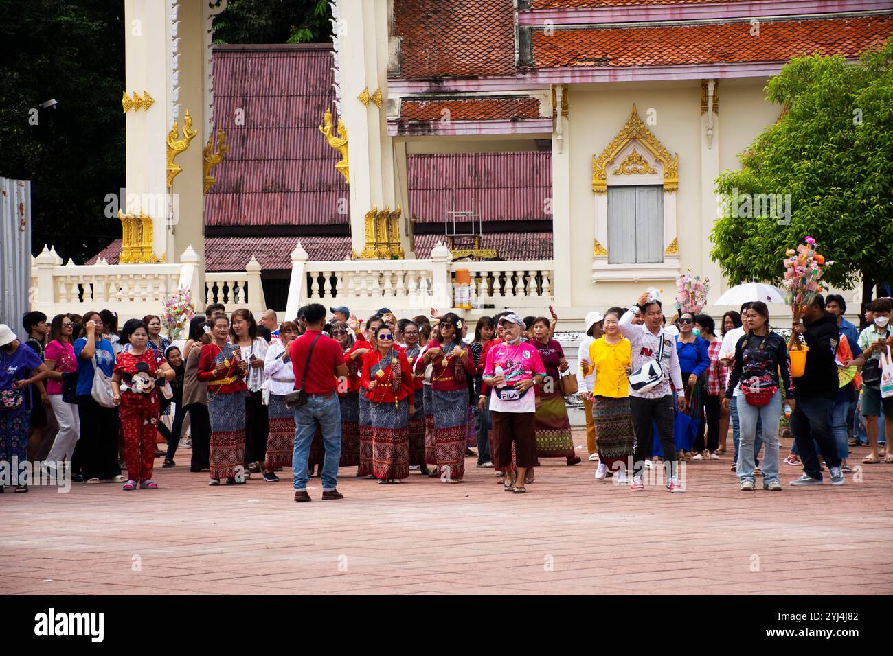 Local thai people join parade attend procession ritual give offering to ...