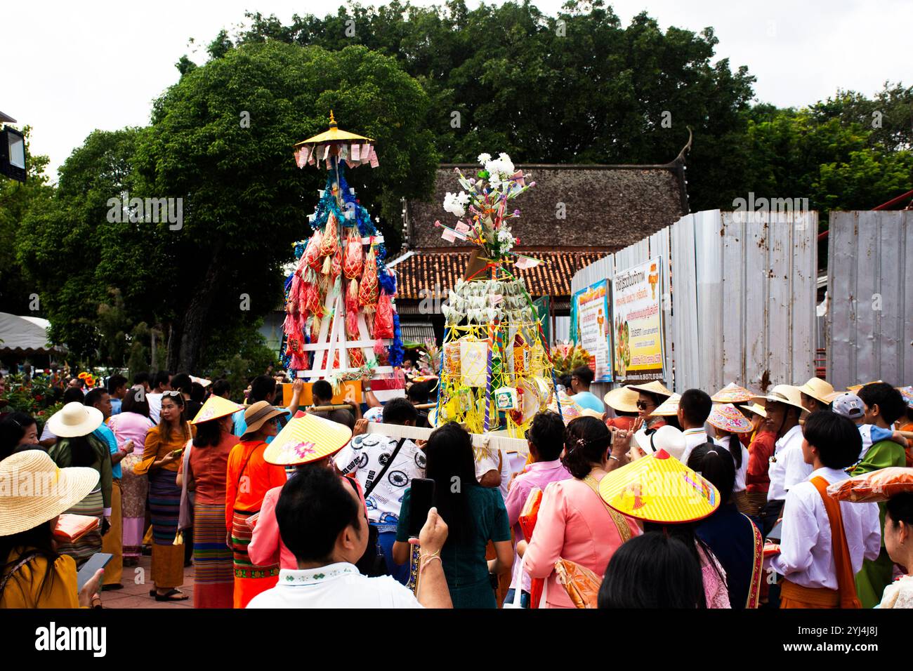 Local thai people join parade attend procession ritual give offering to ...