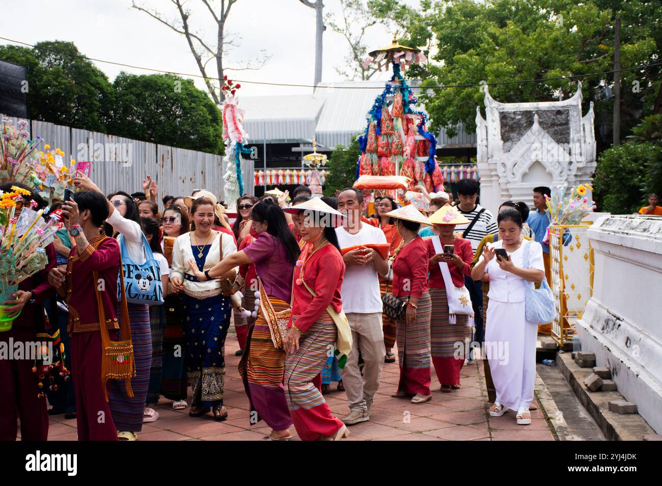 Local thai people join parade attend procession ritual give offering to ...