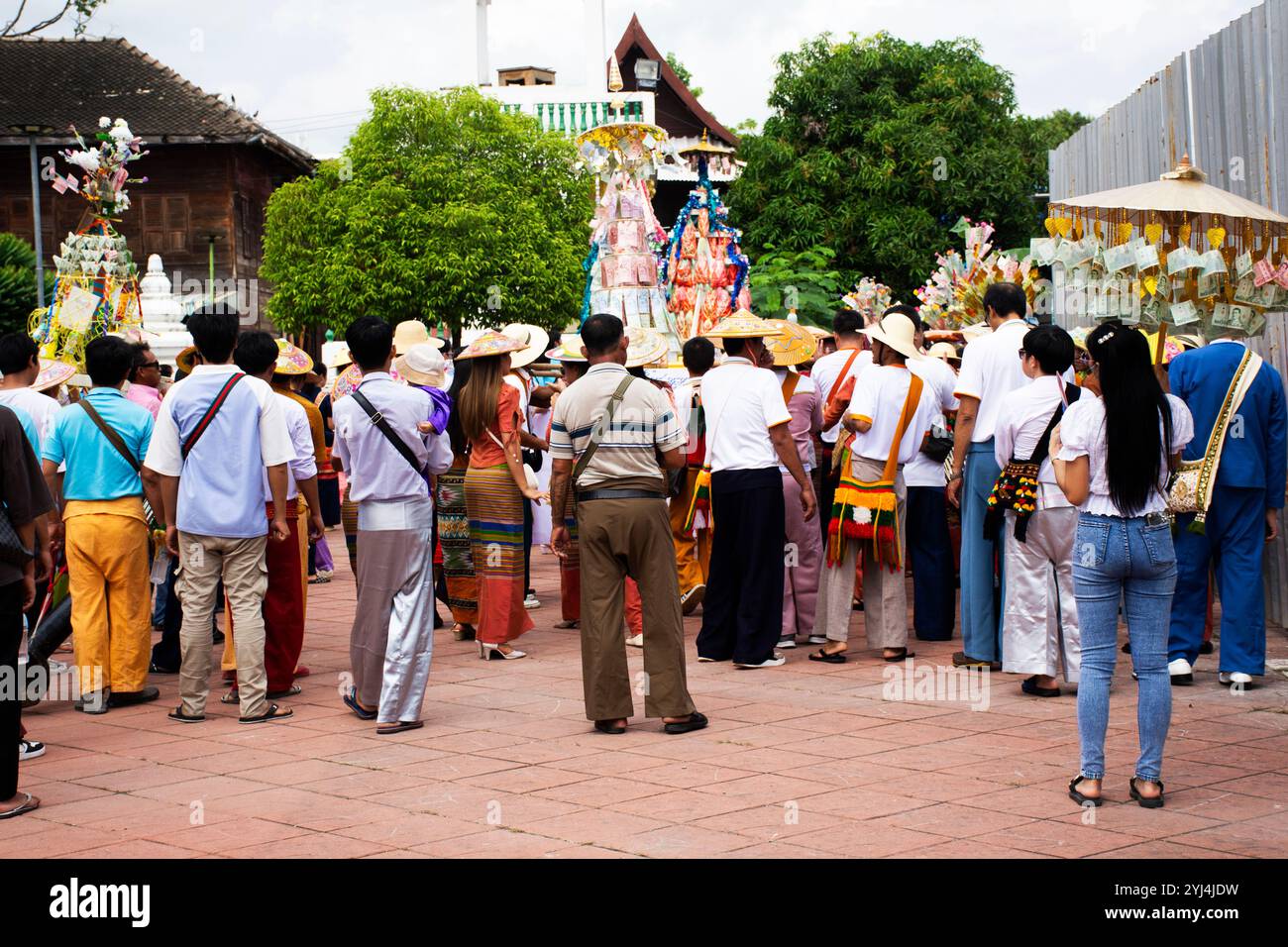 Local thai people join parade attend procession ritual give offering to ...