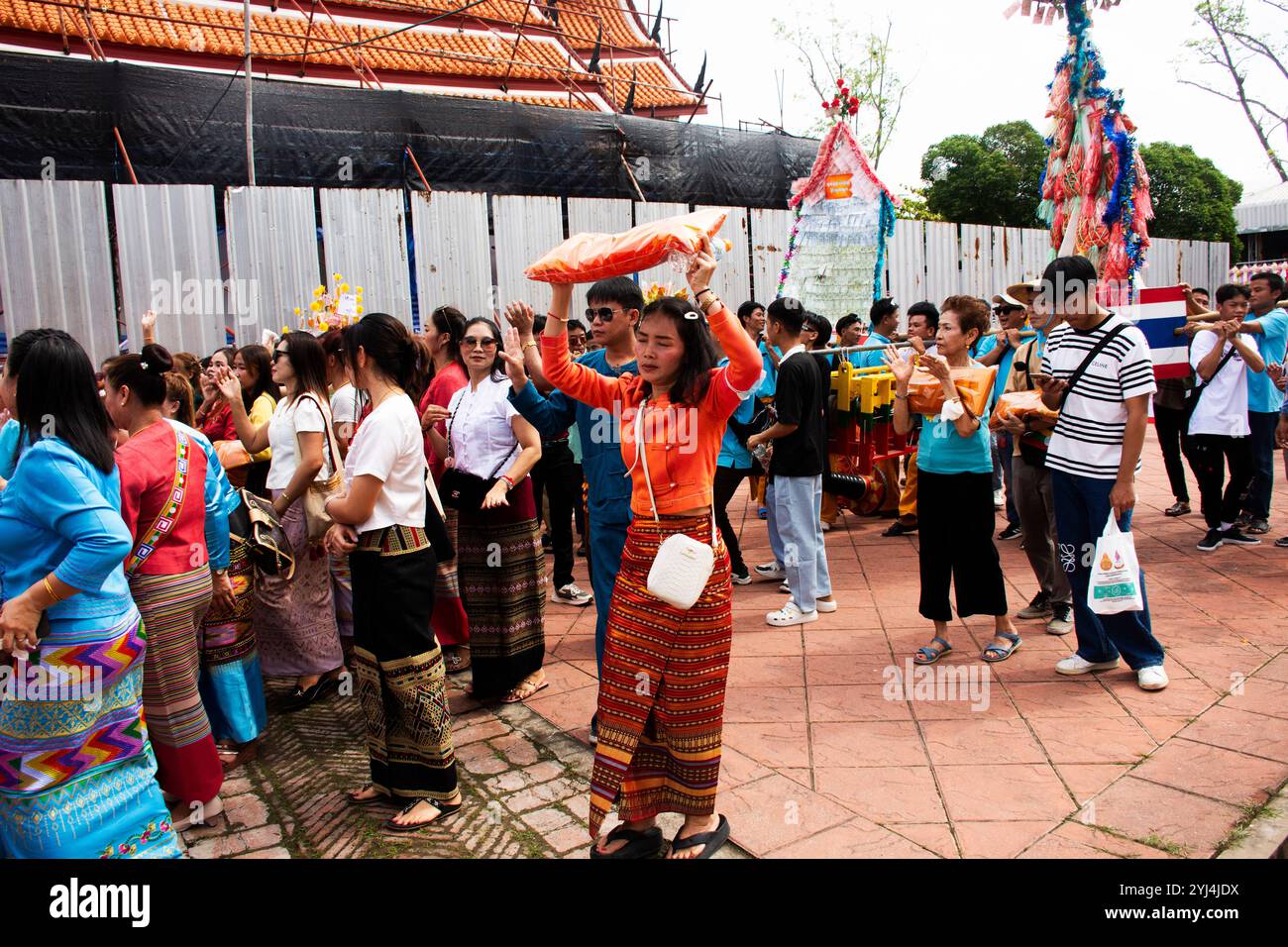 Local thai people join parade attend procession ritual give offering to ...