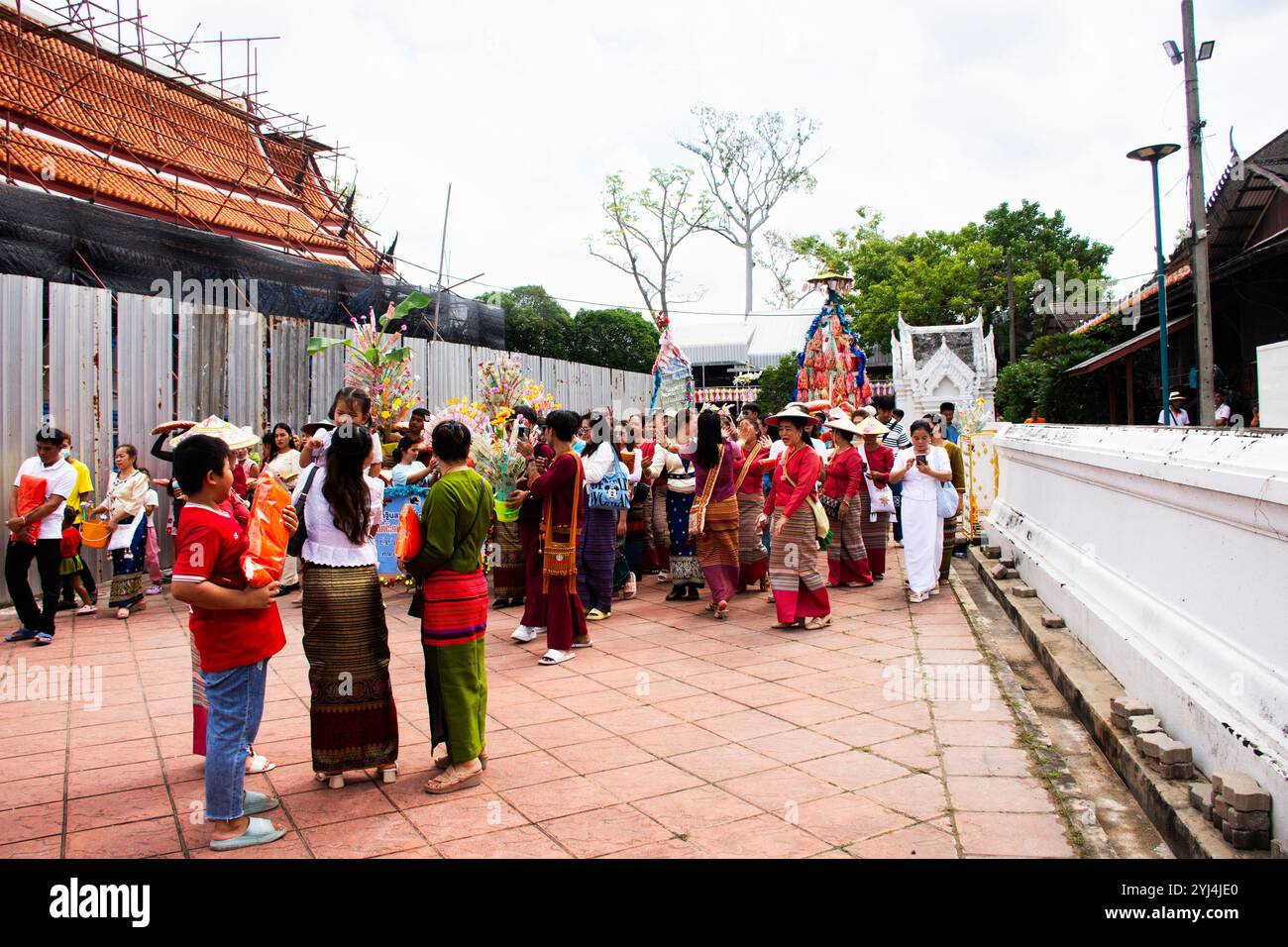 Local thai people join parade attend procession ritual give offering to ...
