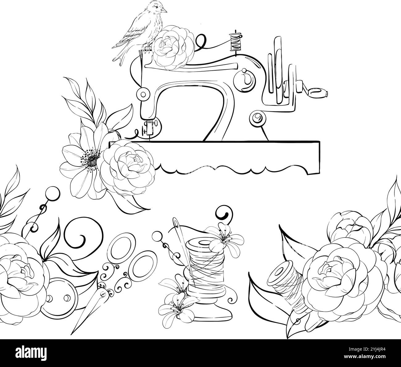 Vintage sewing machine with victorian bird, romantic flowers for ...