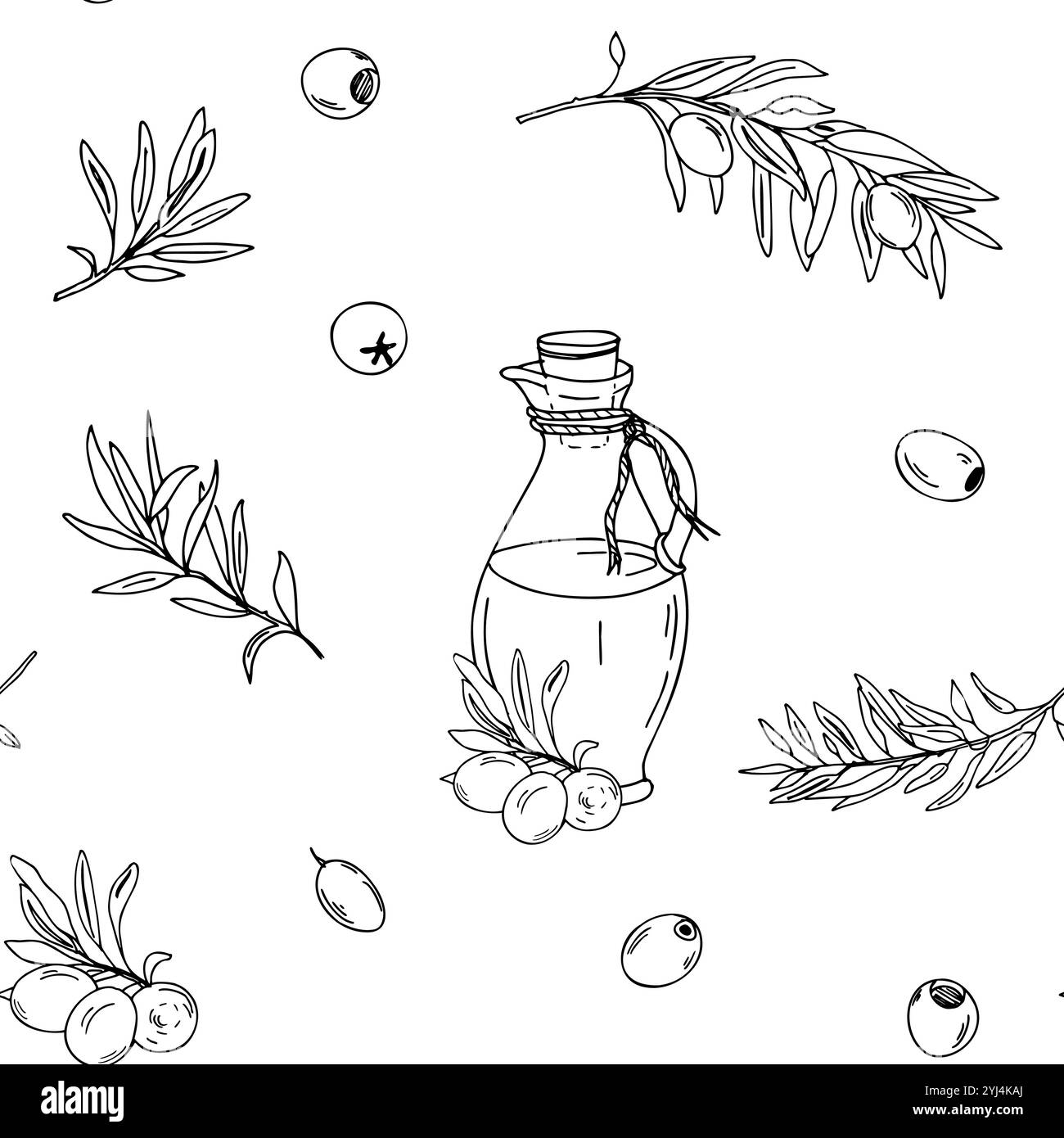 Seamless Pattern with Branches of Olives and Glass Jug with Oil. Ink ...
