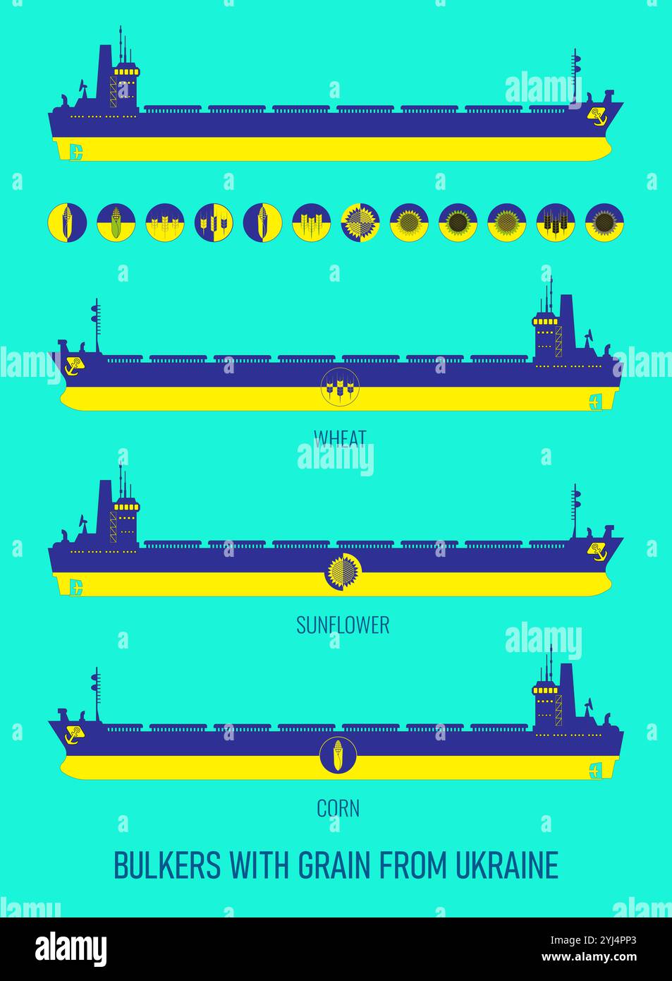 Icon set of dry cargo ships for transportation of bulk cereals and ...