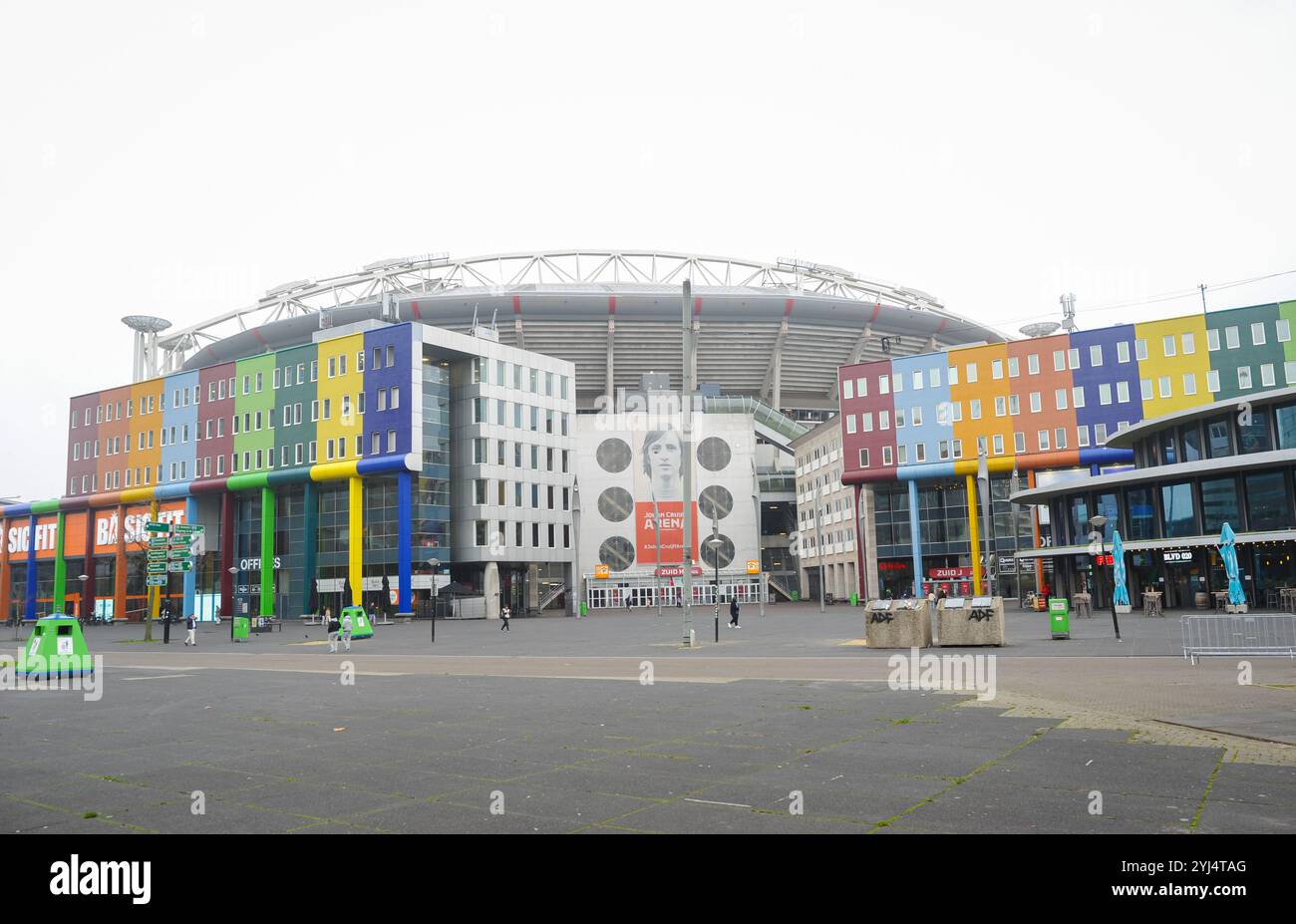 View of Johan Cruyff Arena, soccer stadium and colourful buildings in ...