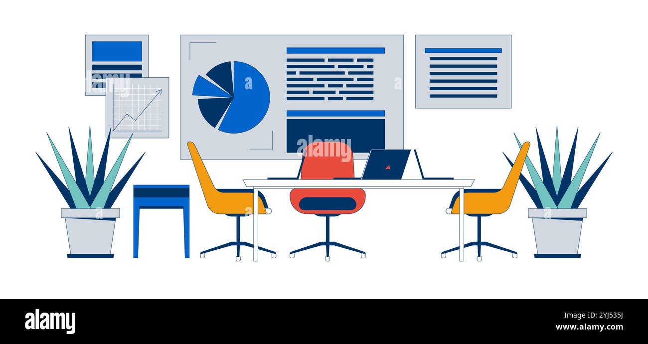 Corporate office interior with info charts cartoon flat illustration ...