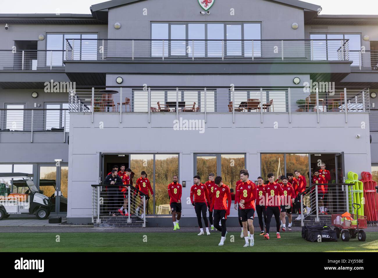 PONTYCLUN, UK. 13th Nov, 2024. Wales team during a training session at ...