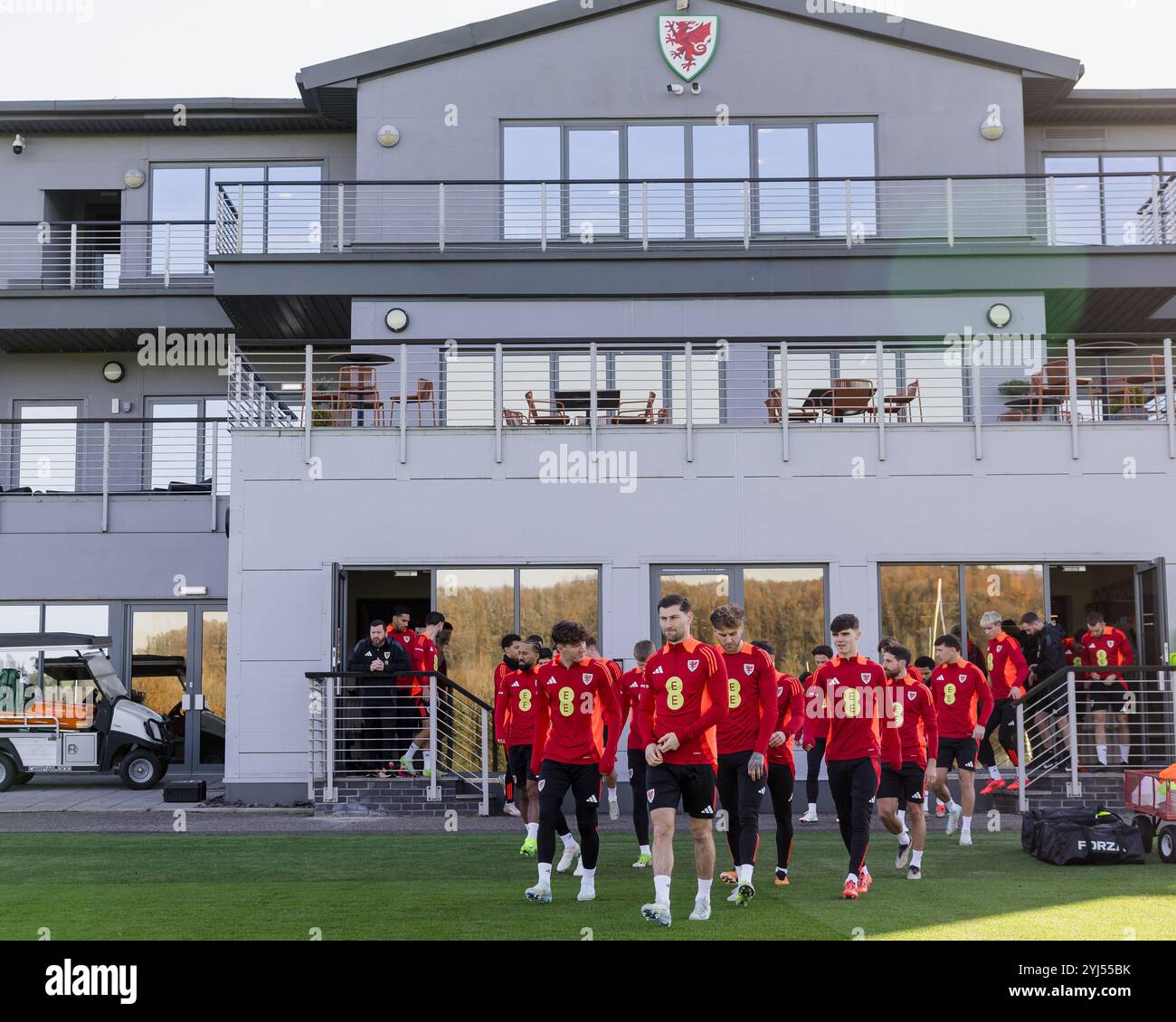 PONTYCLUN, UK. 13th Nov, 2024. Wales team during a training session at ...