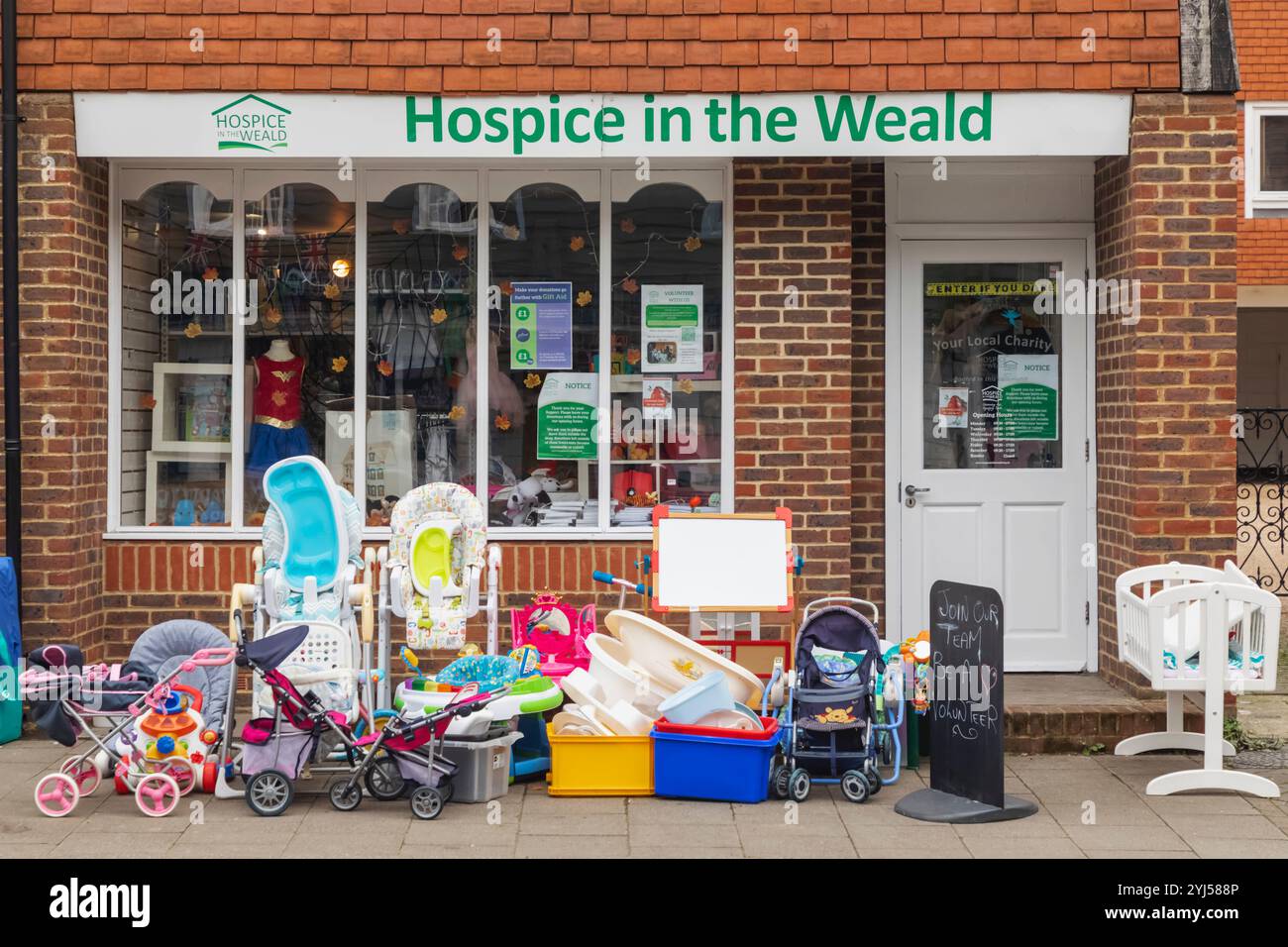England, Kent, Edenbridge, Hospice in the Weald Charity Shop, Display ...