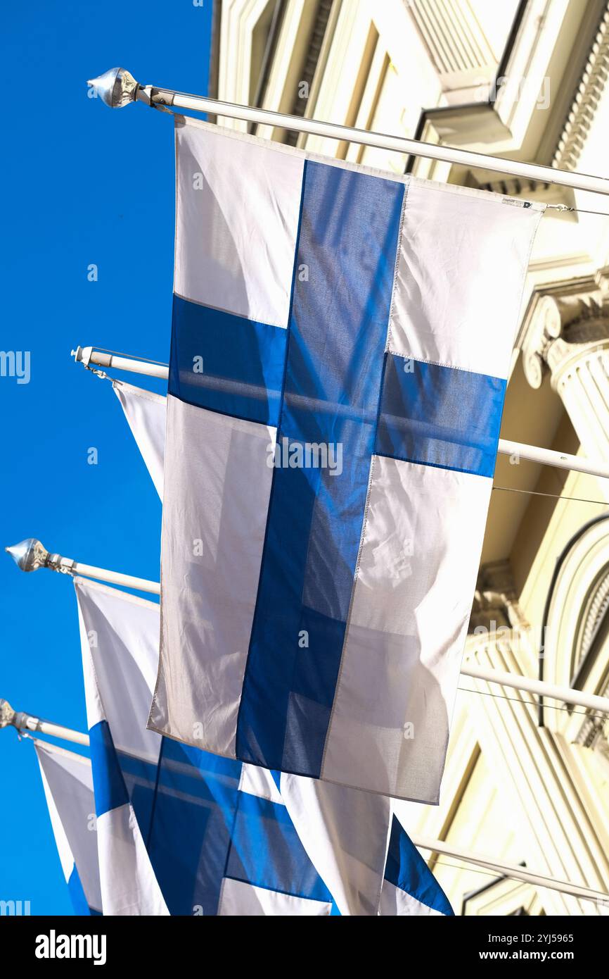 Finnish flags on a building wall Stock Photo - Alamy