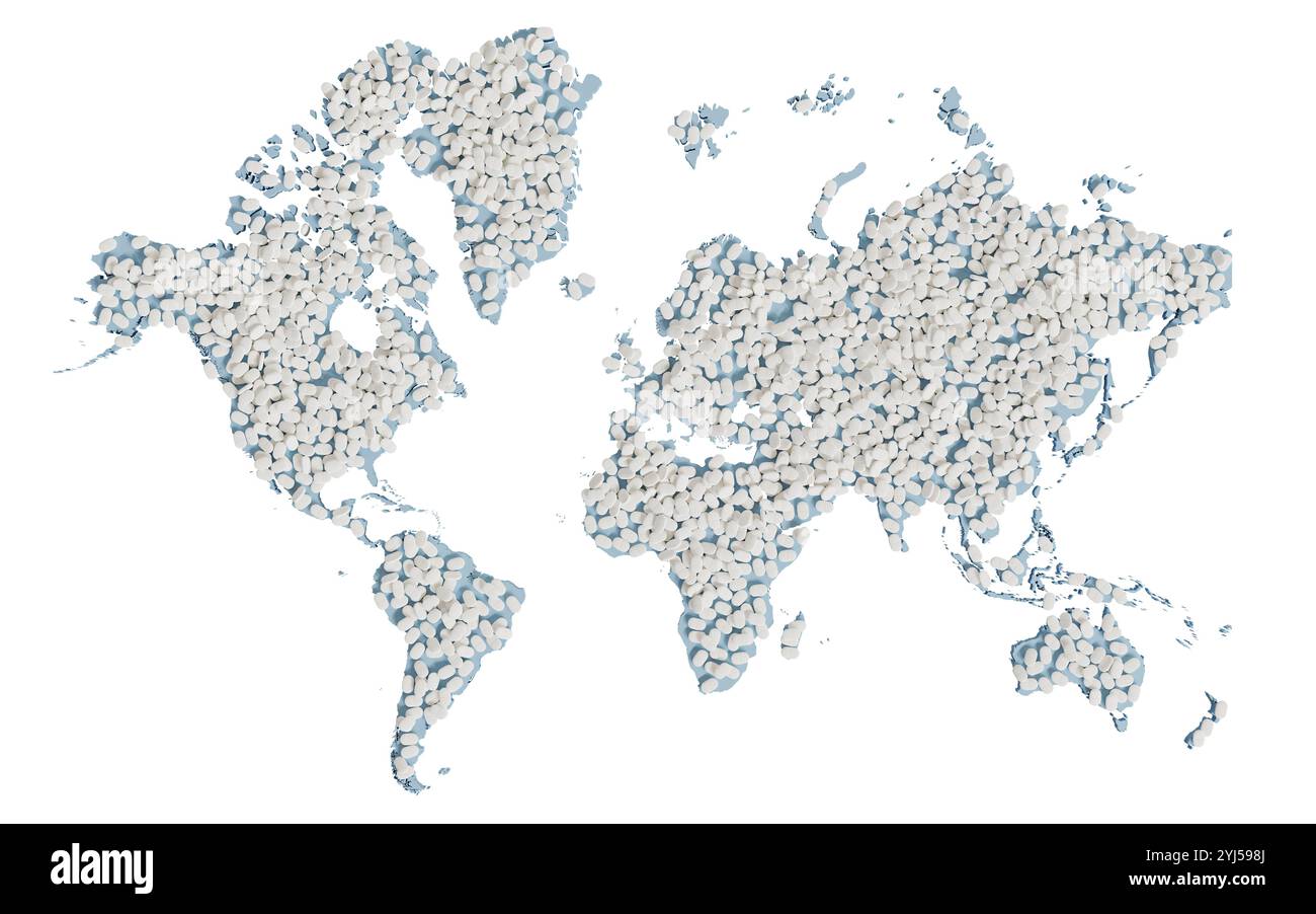 Pills for the world. White pills being spread over a 3d world map in ...