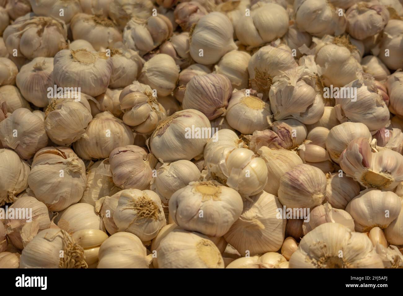 Food backgrounds. Garlic on basket in supermarket. Texture food market ...