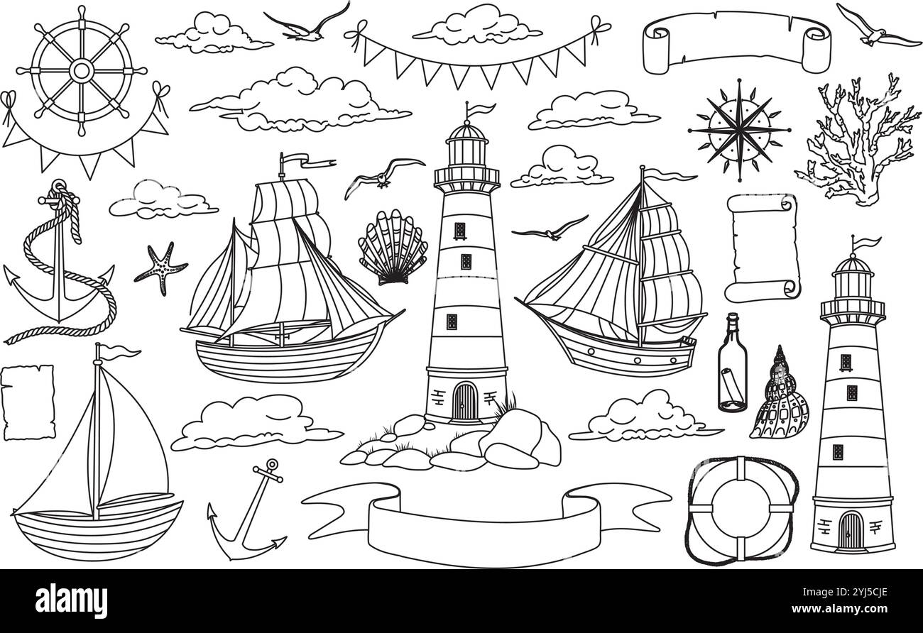 Vector clipart with Sailboat and Lighthouse for Baby design in nautical ...
