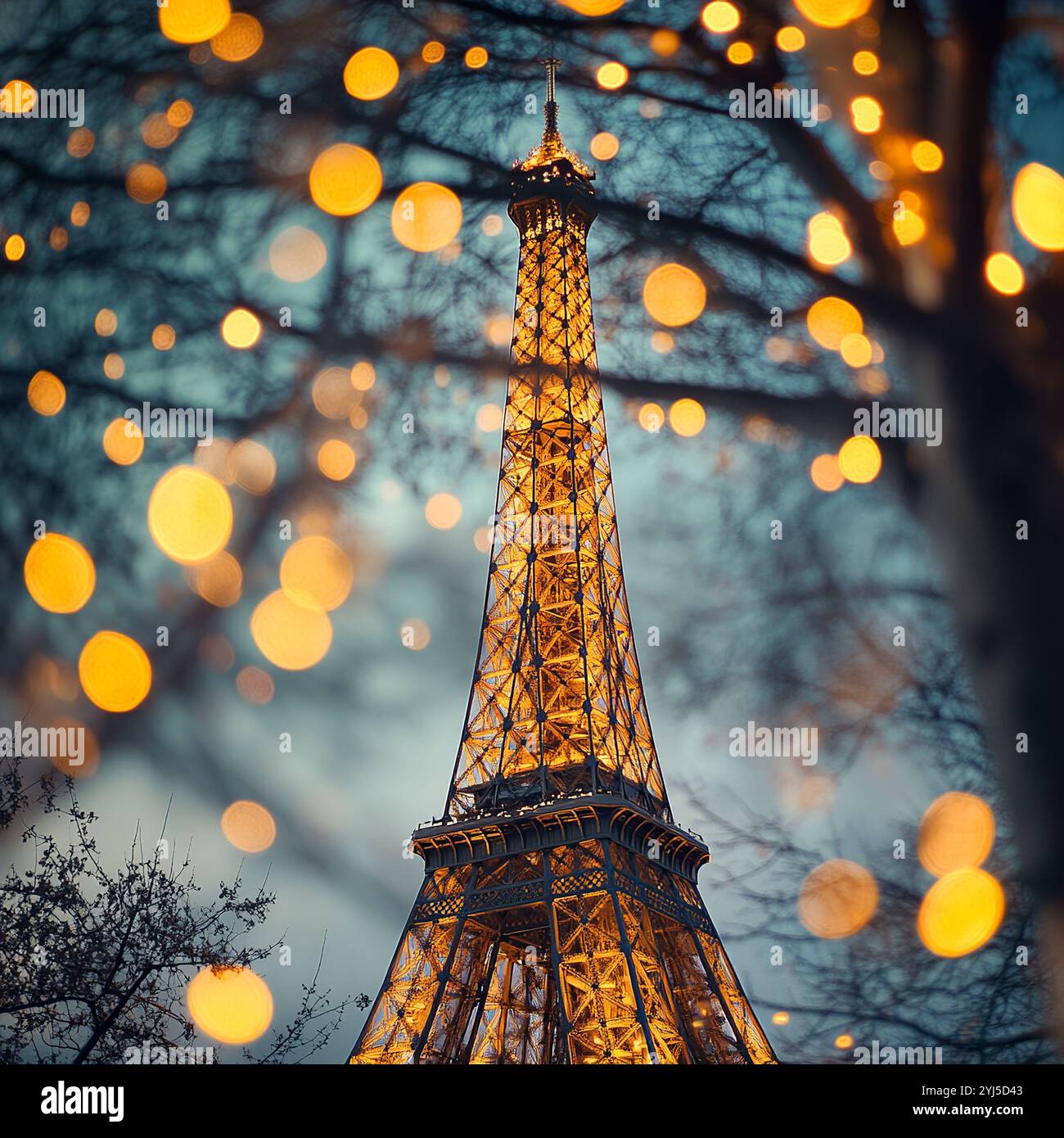 The Eiffel Tower is lit up in the evening, creating a warm Stock Photo ...