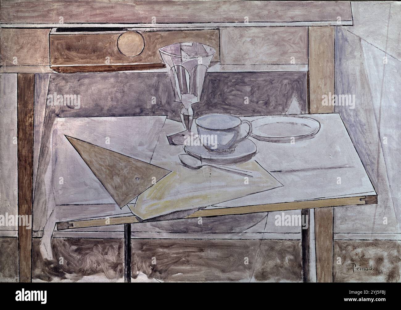 PINTURA(BODEGON MESA CON TAZA,VASO Y PLATO)1961,. Author: JOAQUIN ...