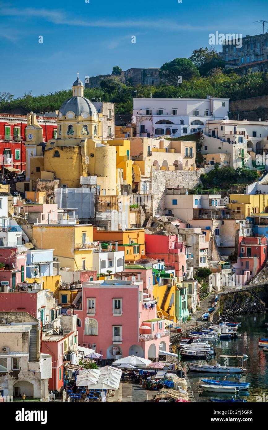 Scenic view of the colorful fishing village of Corricella, Procida ...