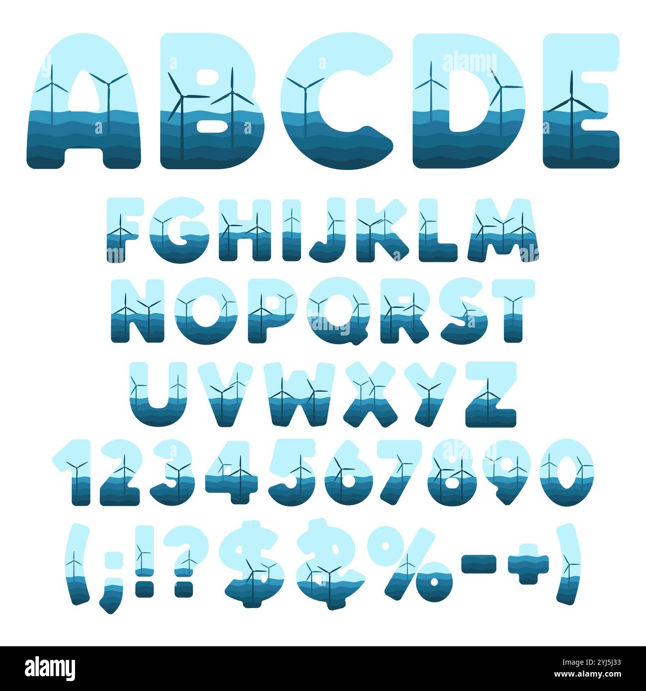 Font, alphabet with waves and windmills, wind turbines. Isolated vector ...