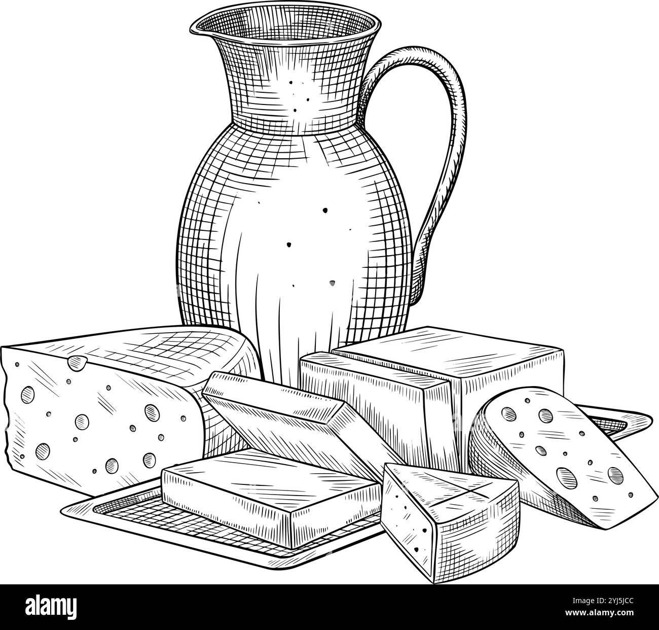 Pitcher with milk and Cheese slices vector illustration. Outline ...