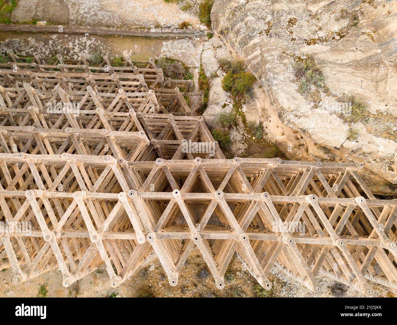 Aerial fly over view authentic mudflow control dam in Areni village ...