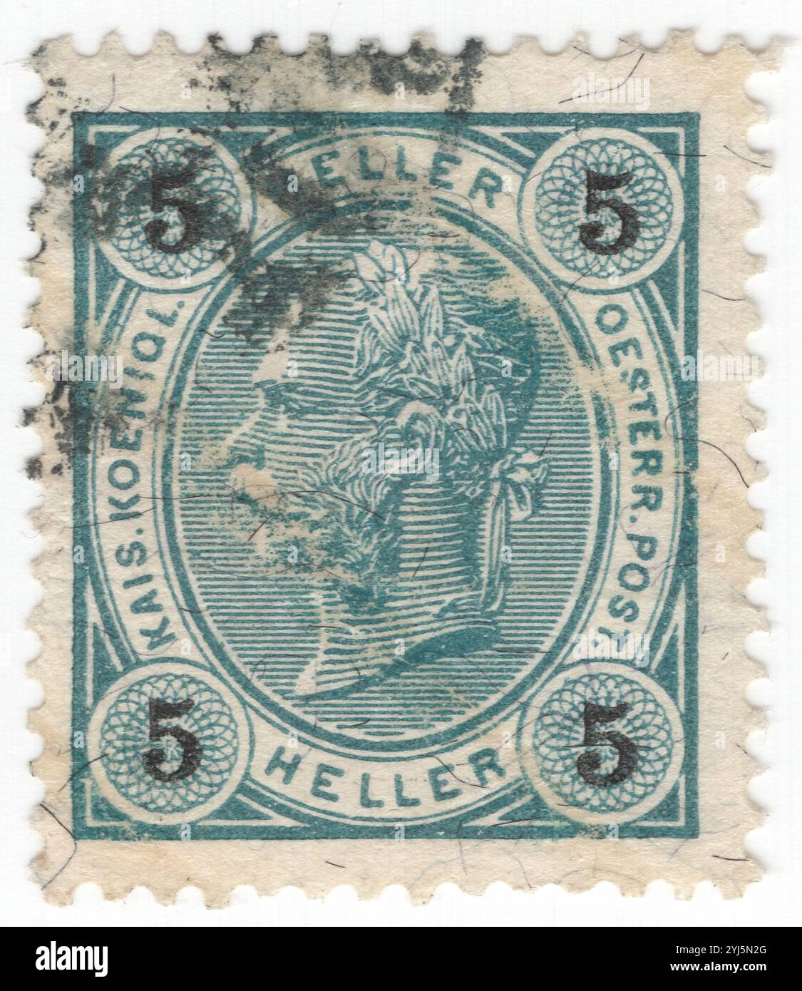 AUSTRIA — 1901 June 18: 5 heller blue-green postage stamp (varnish bars ...