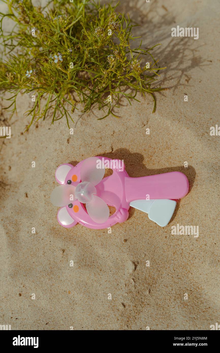 A colorful bear-shaped toy lies on soft sand beside plants Stock Photo ...