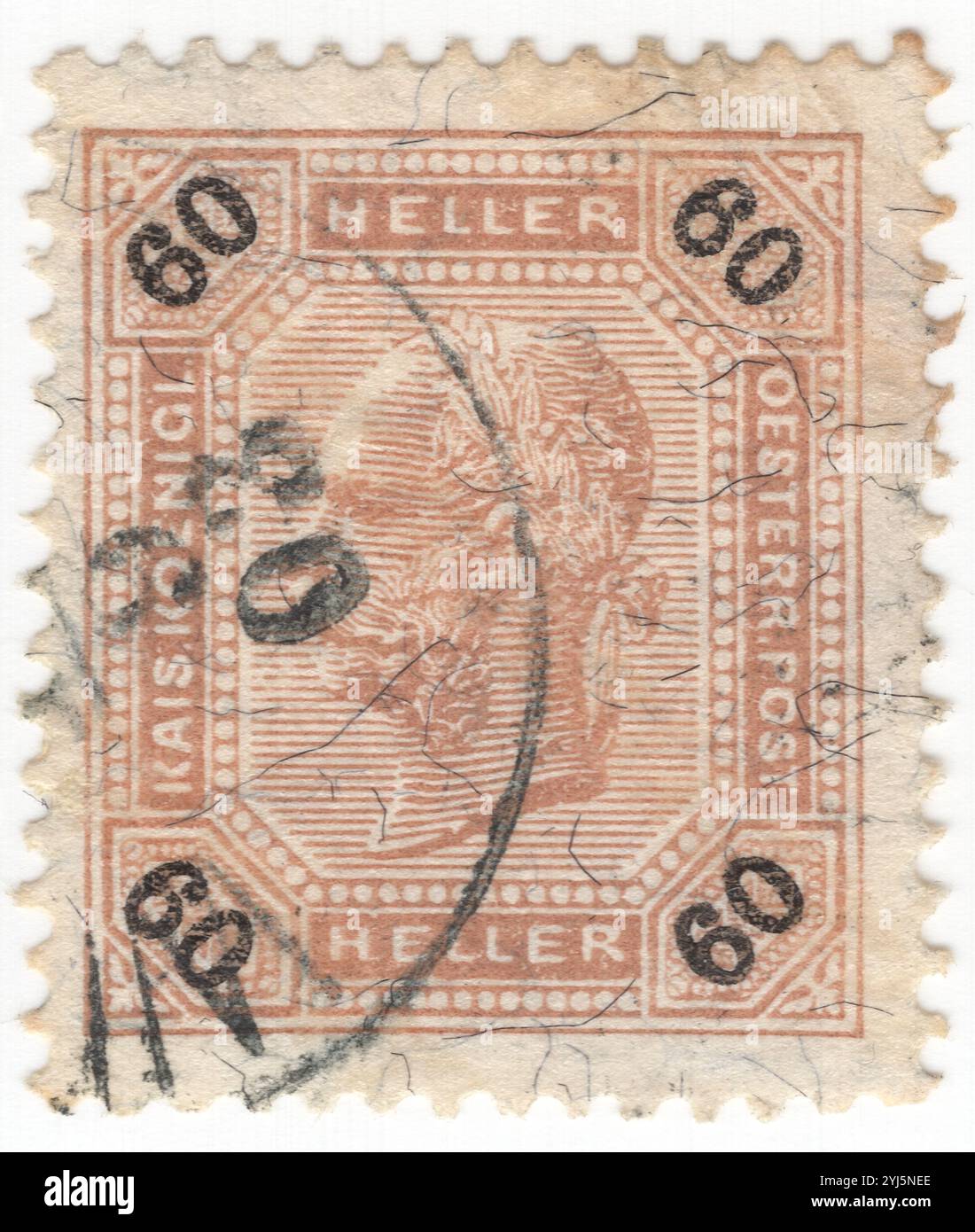 AUSTRIA — 1901 June 18: 60 heller brown postage stamp (varnish bars ...
