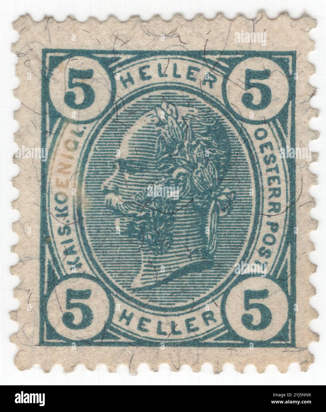 AUSTRIA — 1905 February: 5 heller dark blue-green postage stamp ...