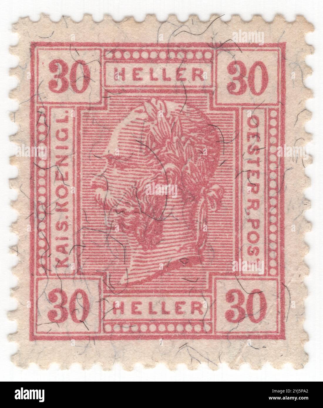 AUSTRIA — 1906: 30 heller red-violet postage stamp depicting portrait ...