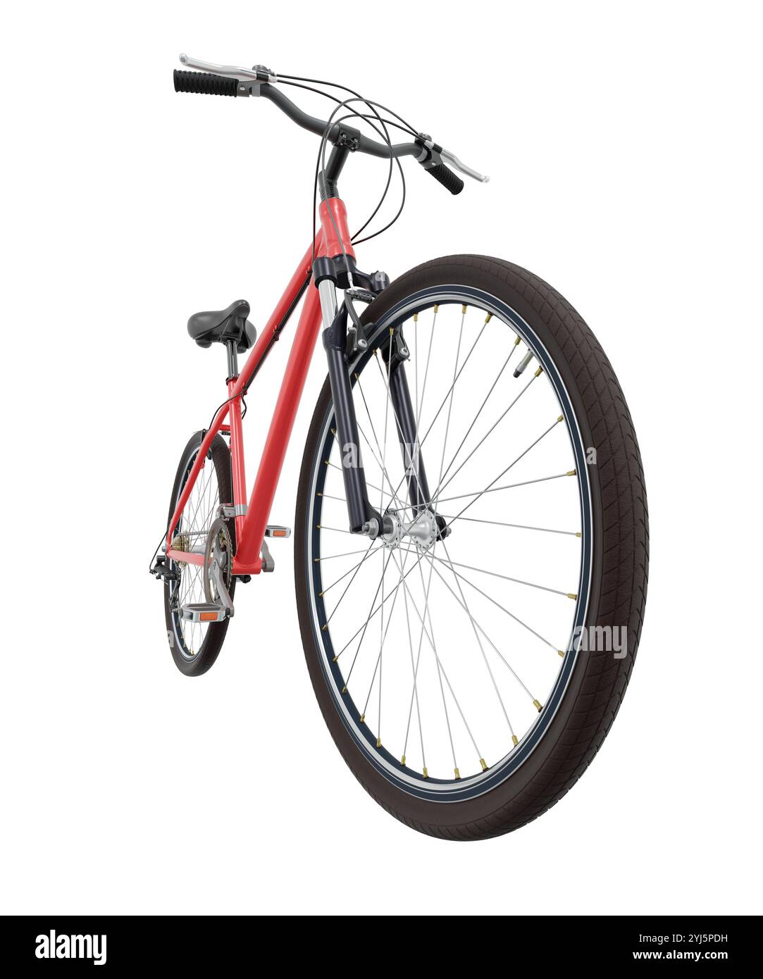 Red bicycle, front side view with wide angle shot of the front wheel ...