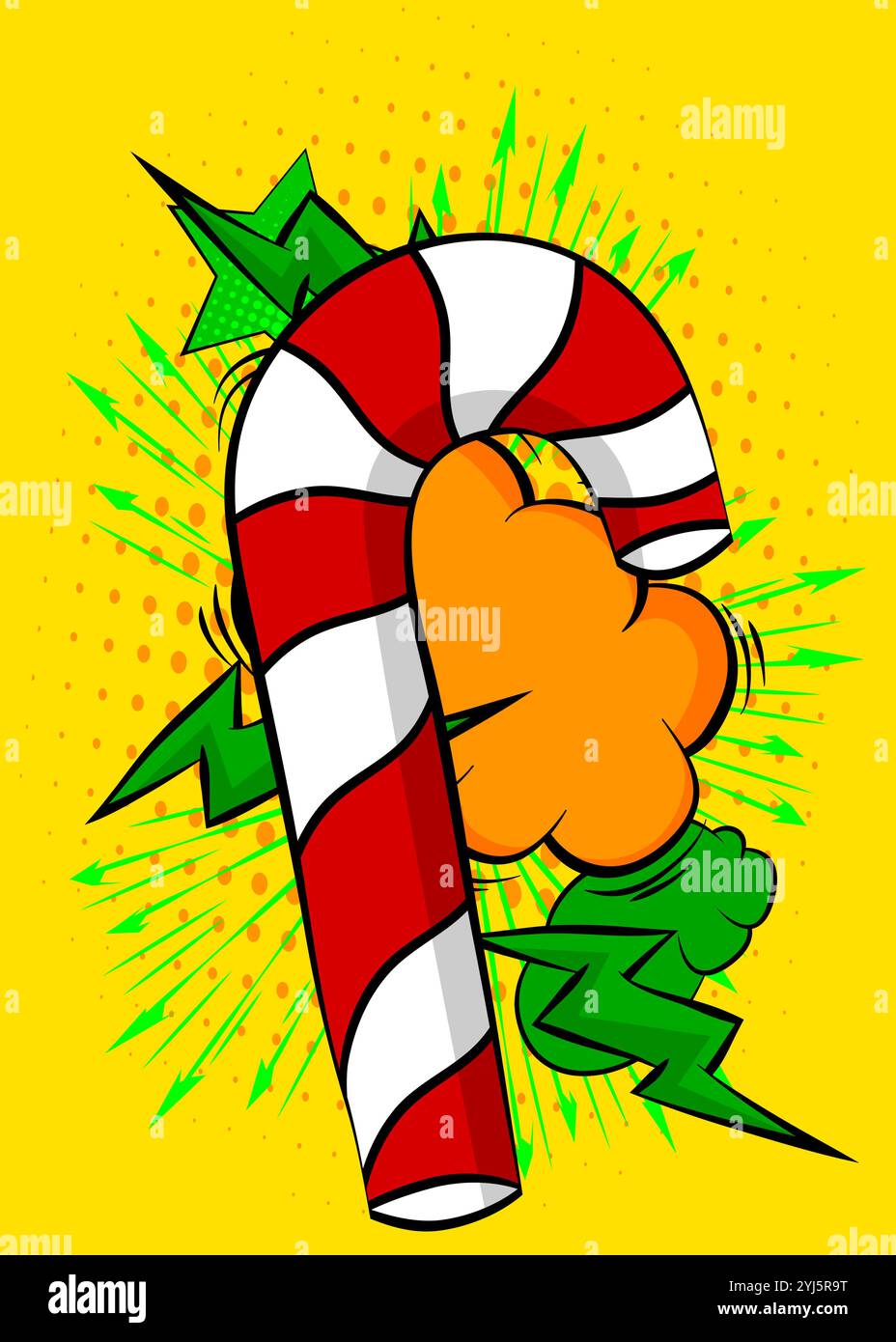 Cartoon Candy cane, comic book Holiday dessert. Retro vector comics pop ...