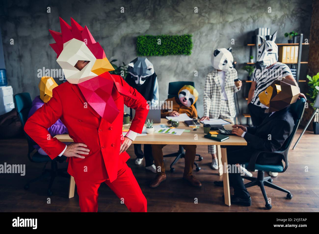 Portrait of panda gorilla lion sloth zebra raccoon mask business people ...