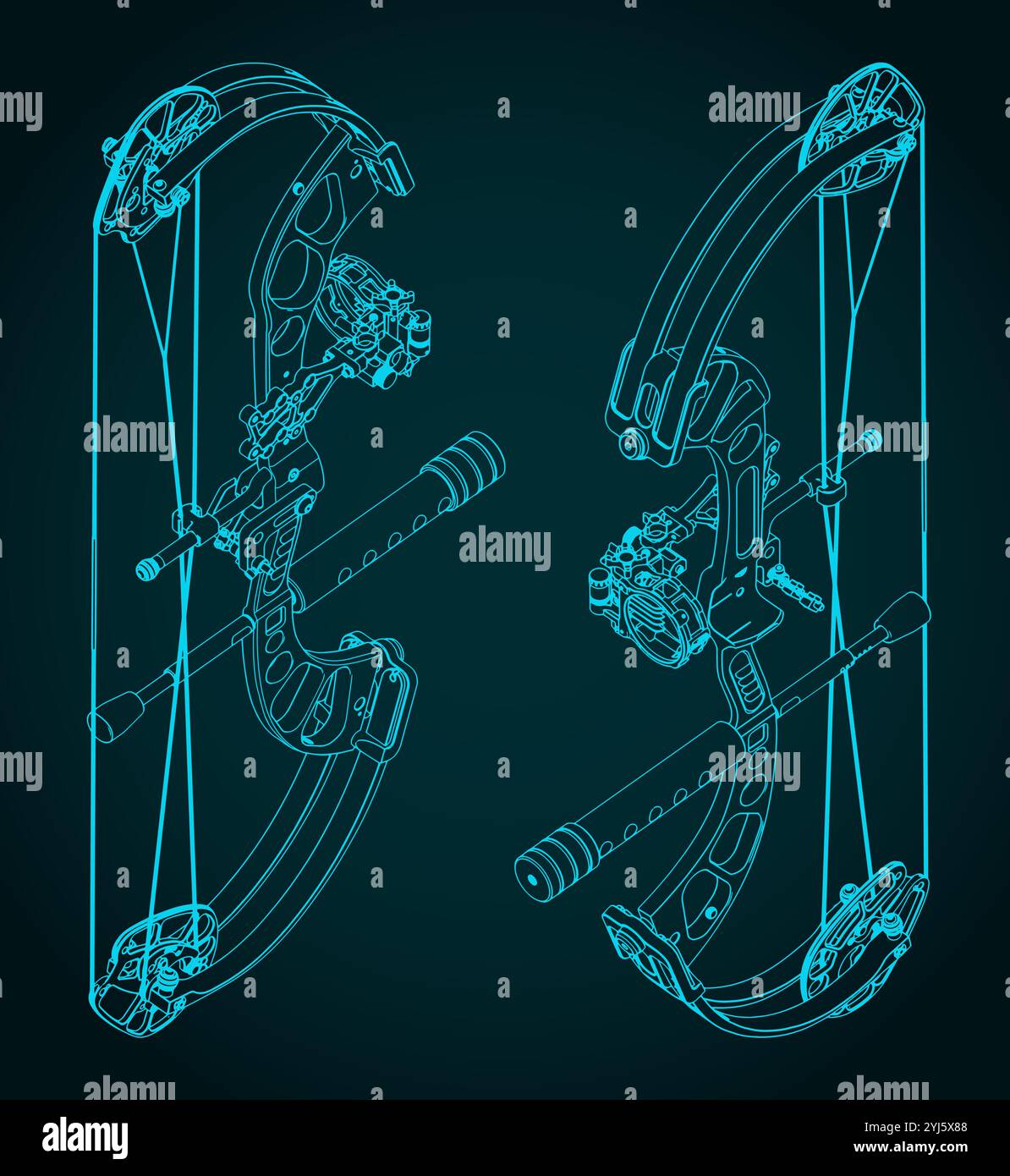 Stylized vector illustration of isometric blueprints of a compound bow ...