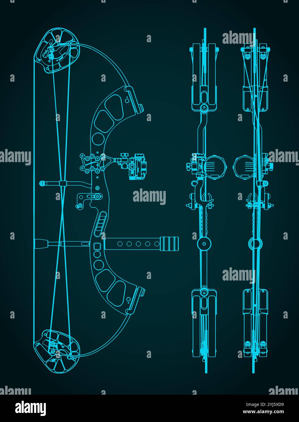 Stylized vector illustration of blueprints of a compound hunting bow ...