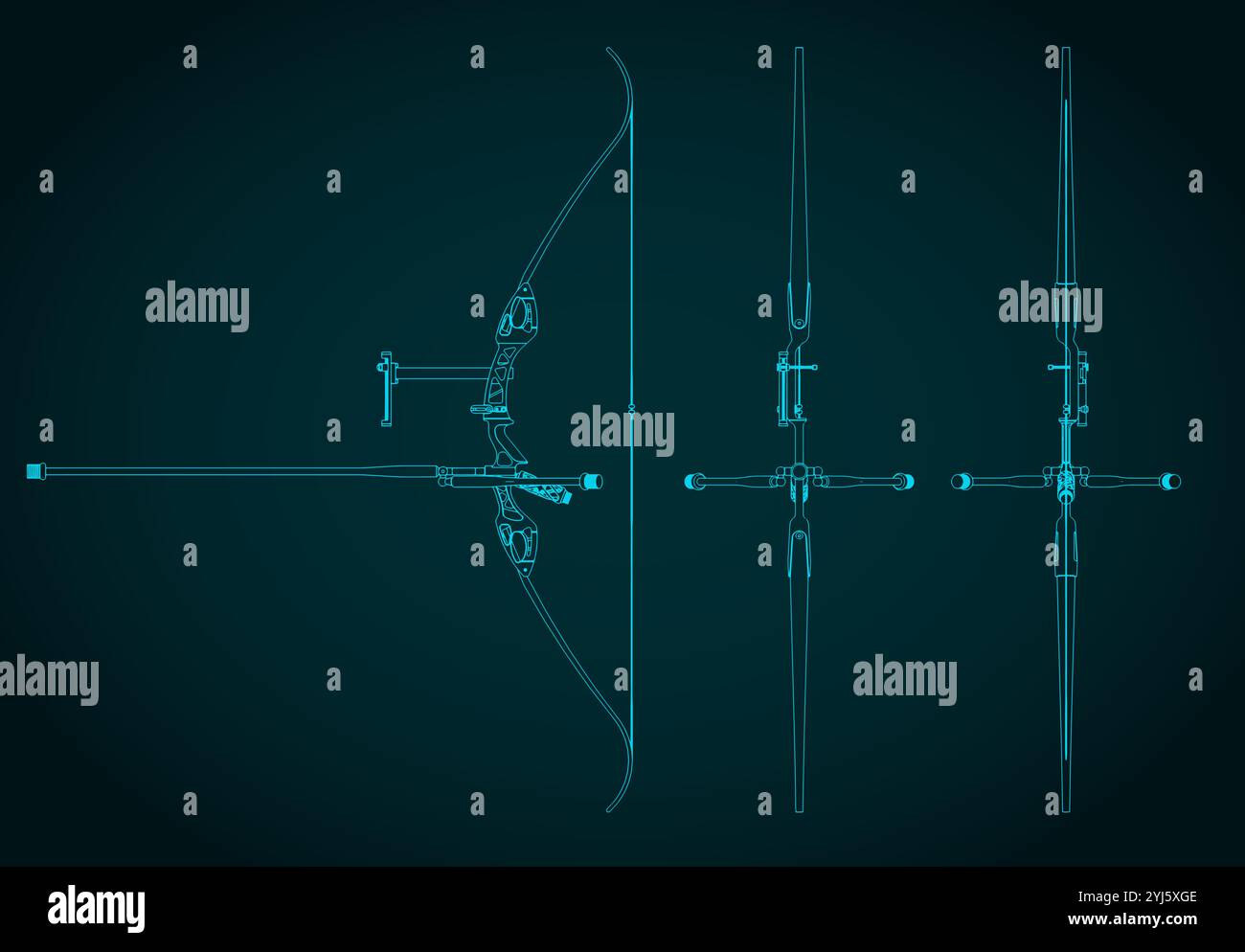 Stylized vector illustration of blueprints of target recurve bow kit ...