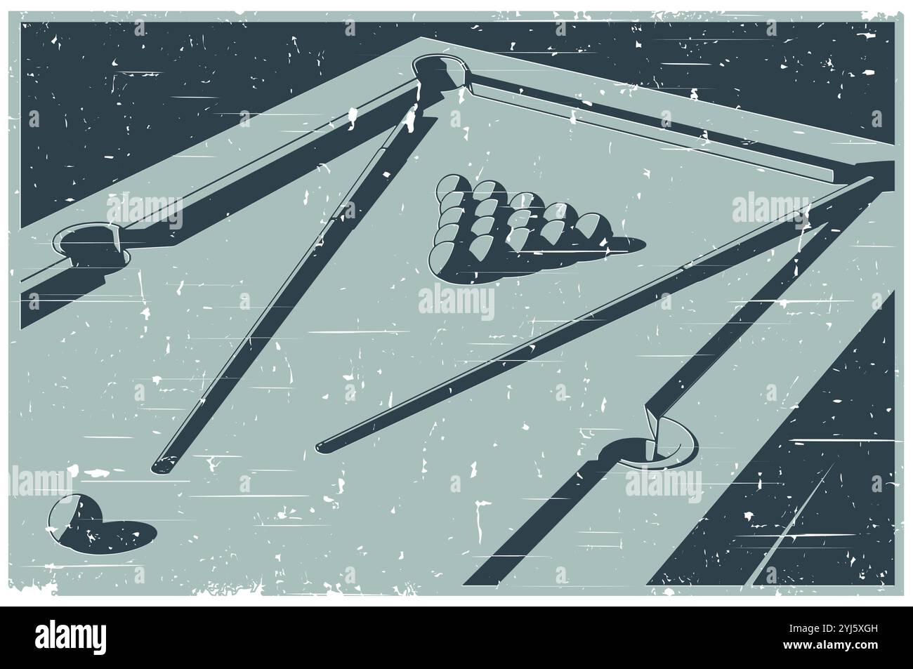 Stylized vector illustration of a pool table close-up in a retro poster ...