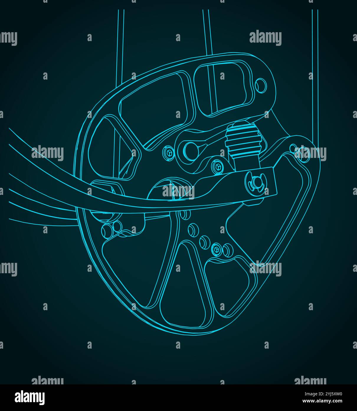 Stylized vector illustrations of blueprint of compound bow cam close-up ...