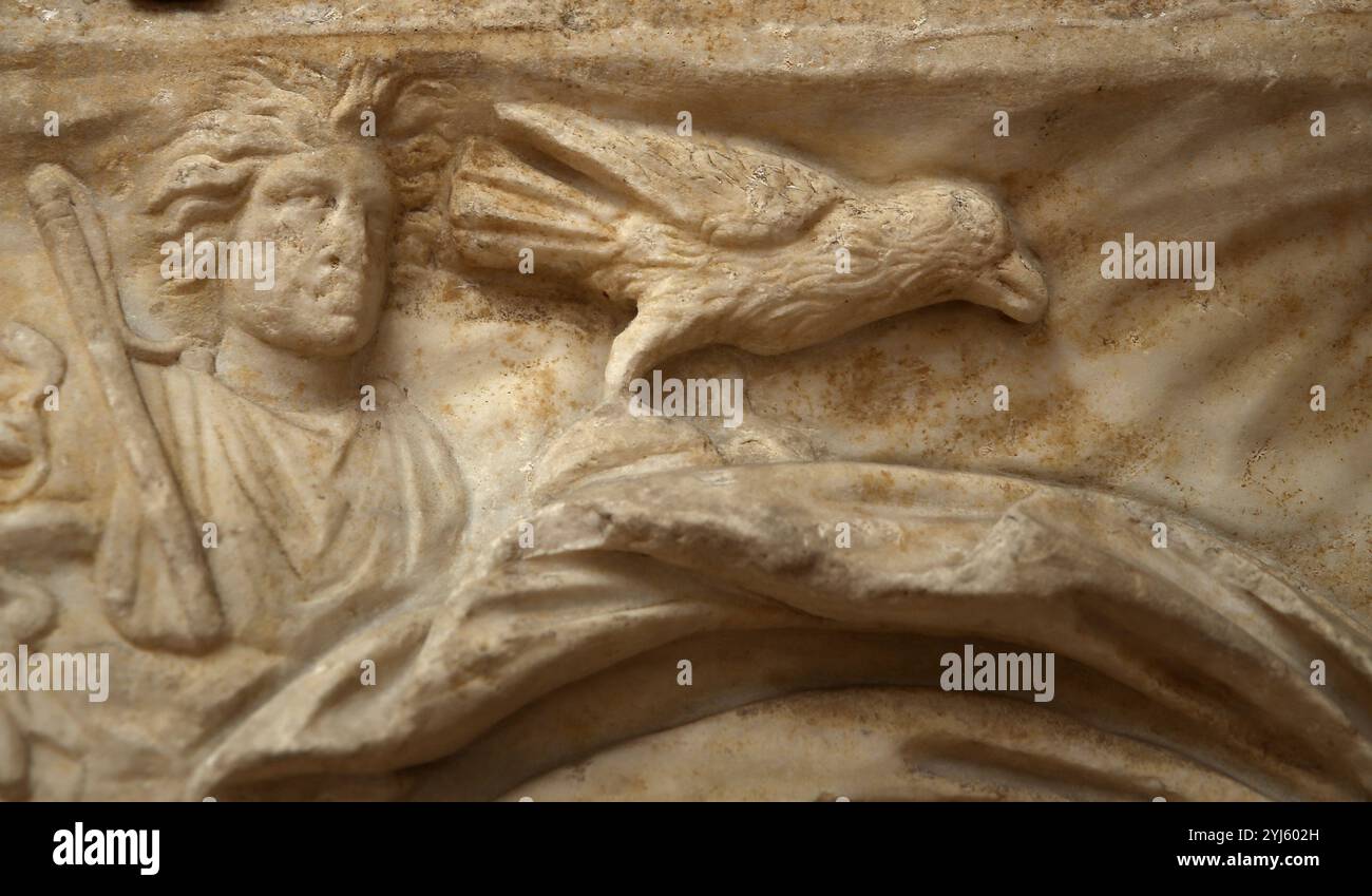 Relief. Myth of god Mithras. The votive offfer of a cashier. Detail of ...