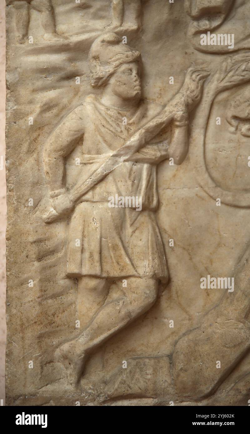 Relief. Myth of god Mithras. The votive offfer of a cashier. Cautes ...