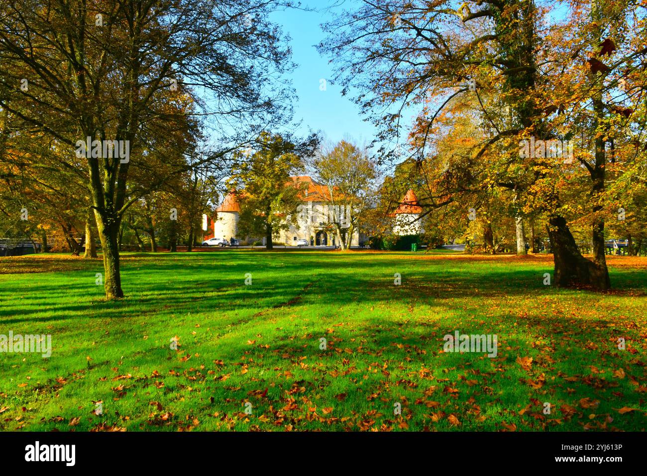 Autumn view of Otočec castle from the park in front in Dolenjska ...