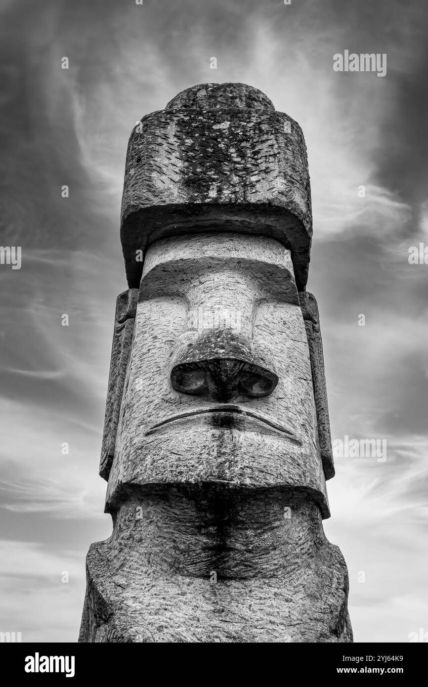 Moai statue from Easter Island in black and white. Detailed stone ...