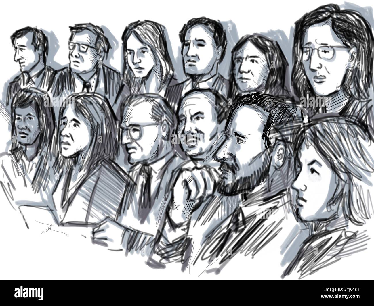 Pen and ink sketch illustration of a courtroom trial setting a jury of ...